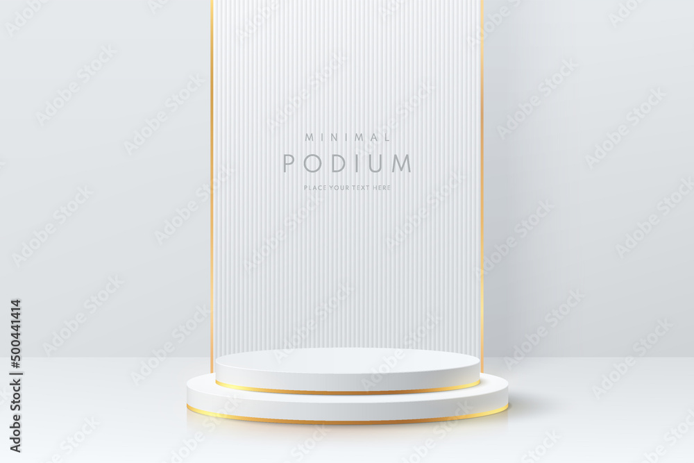 Realistic white and gold cylinder pedestal podium with vertical pattern ...