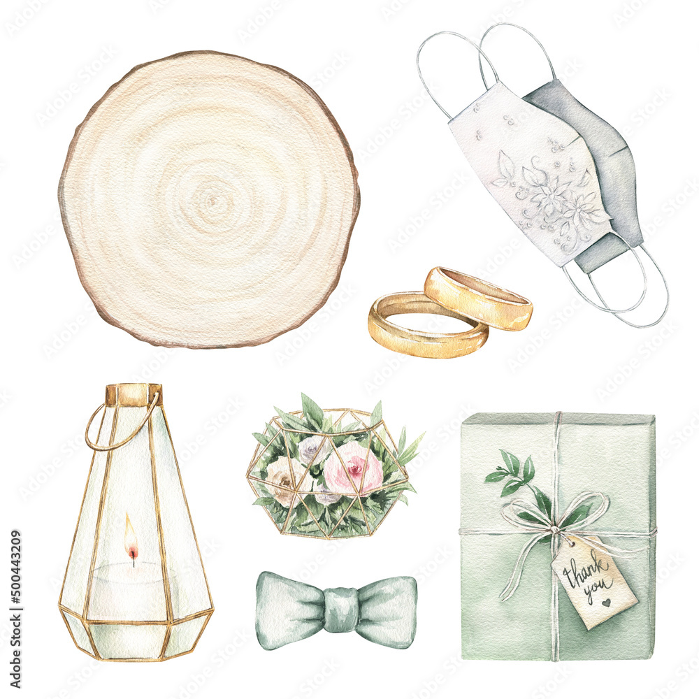 Watercolor wedding clipart set. Hand-painted illustrations isolated on ...