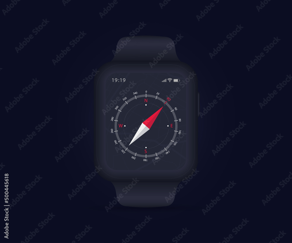 Smartwatch Compass app UI UX GUI concept, Map GPS app on screen navigation, watch weather ...