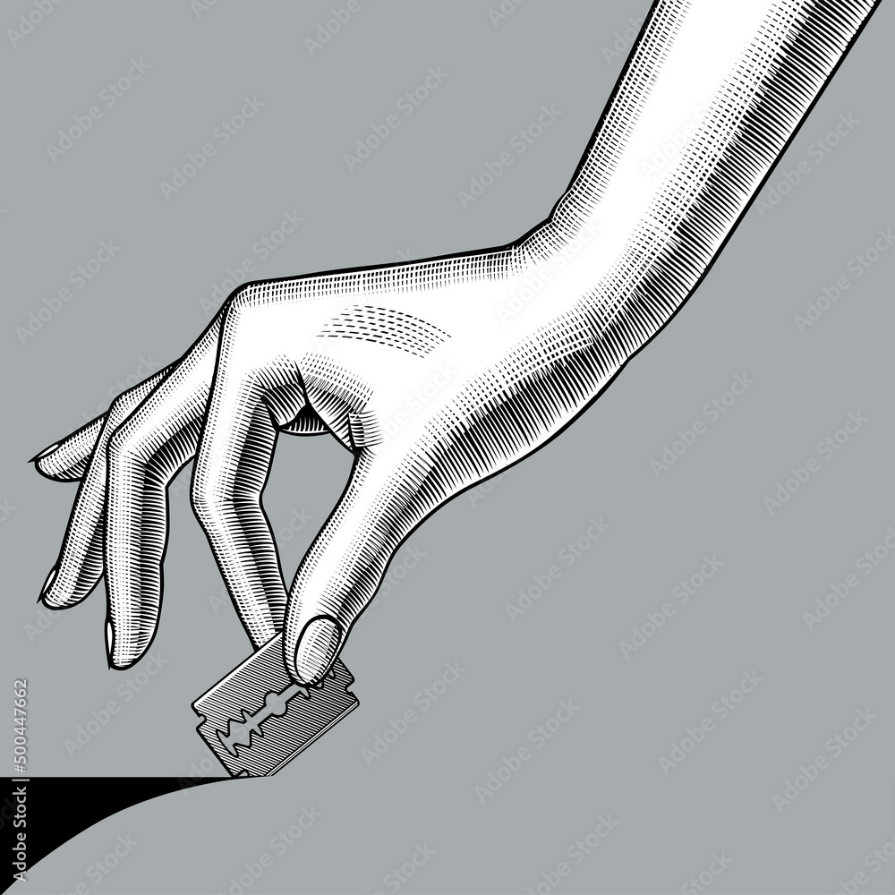 Engraved draving of a Female hand cutting the surface with a razor ...