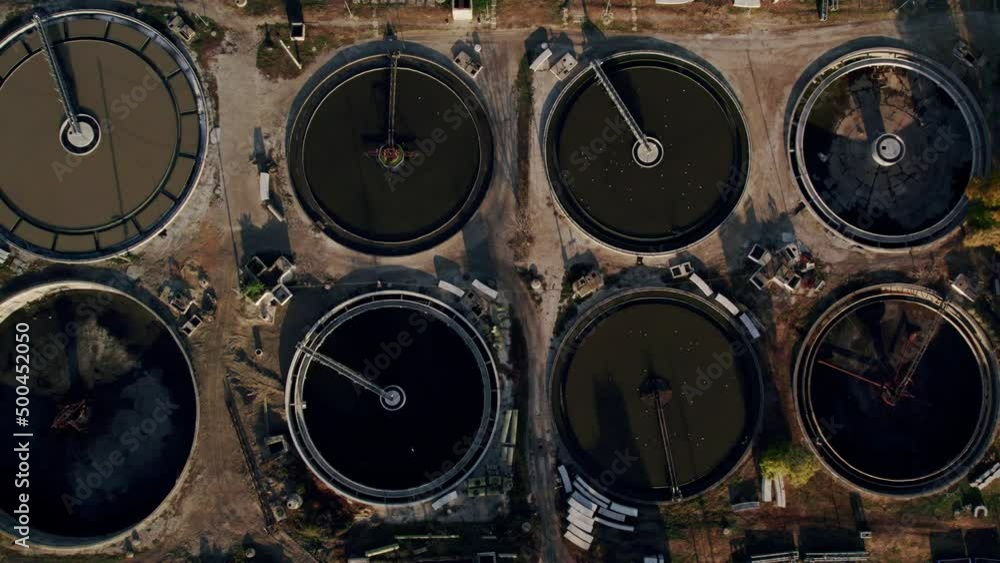 Aerial panoramic view of Water treatment facilities. Sewage treatment ...