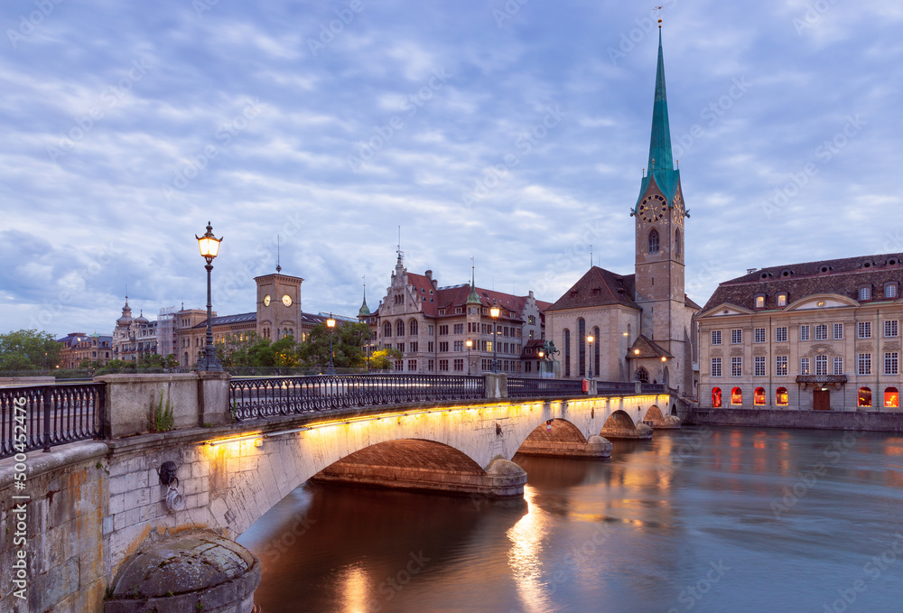 Zurich. View of the city embankment and the facades of old houses ...