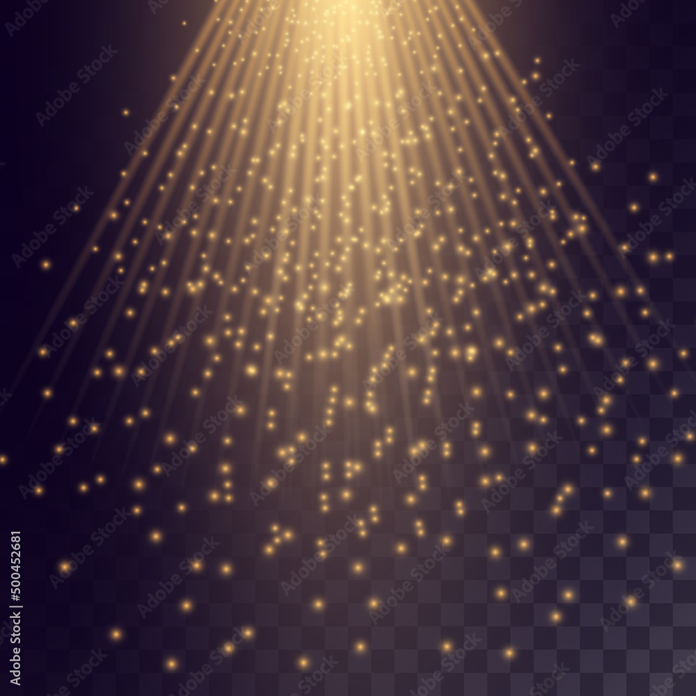 Sunlight flare golden light effect. Sunbeams with reflection, stars ...