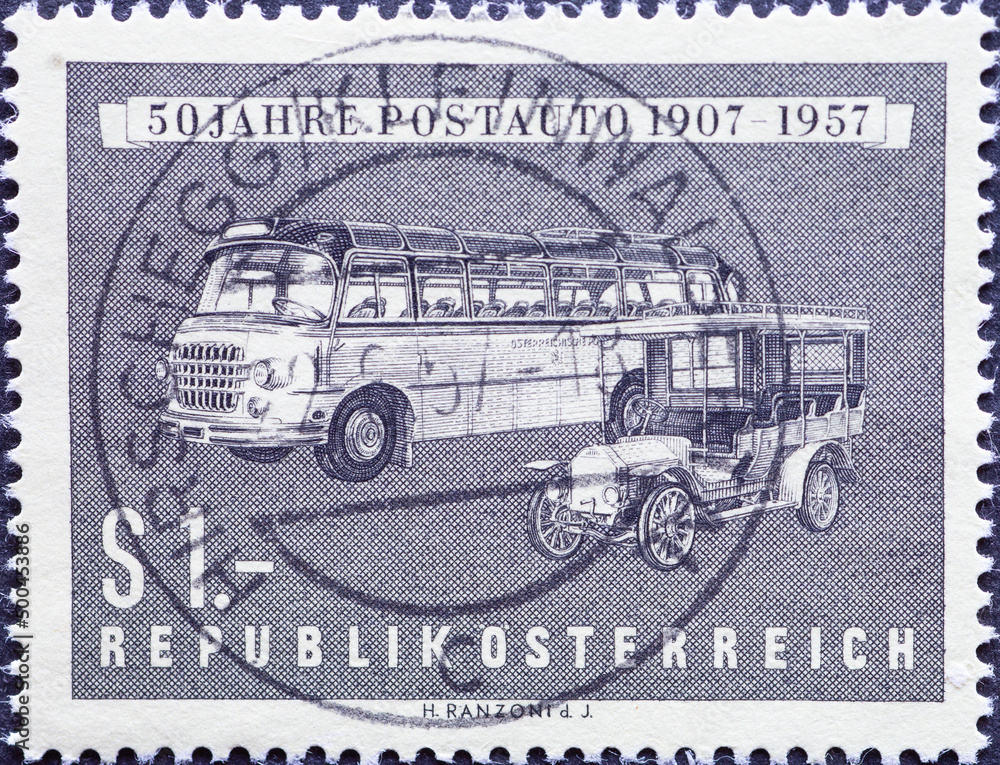 Austria - circa 1957: a postage stamp from Austria, showing two post ...