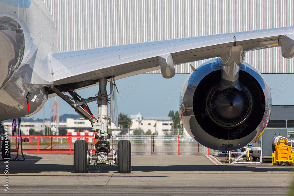 Engine of modern passenger jet aircraft during the maintenance. Back ...