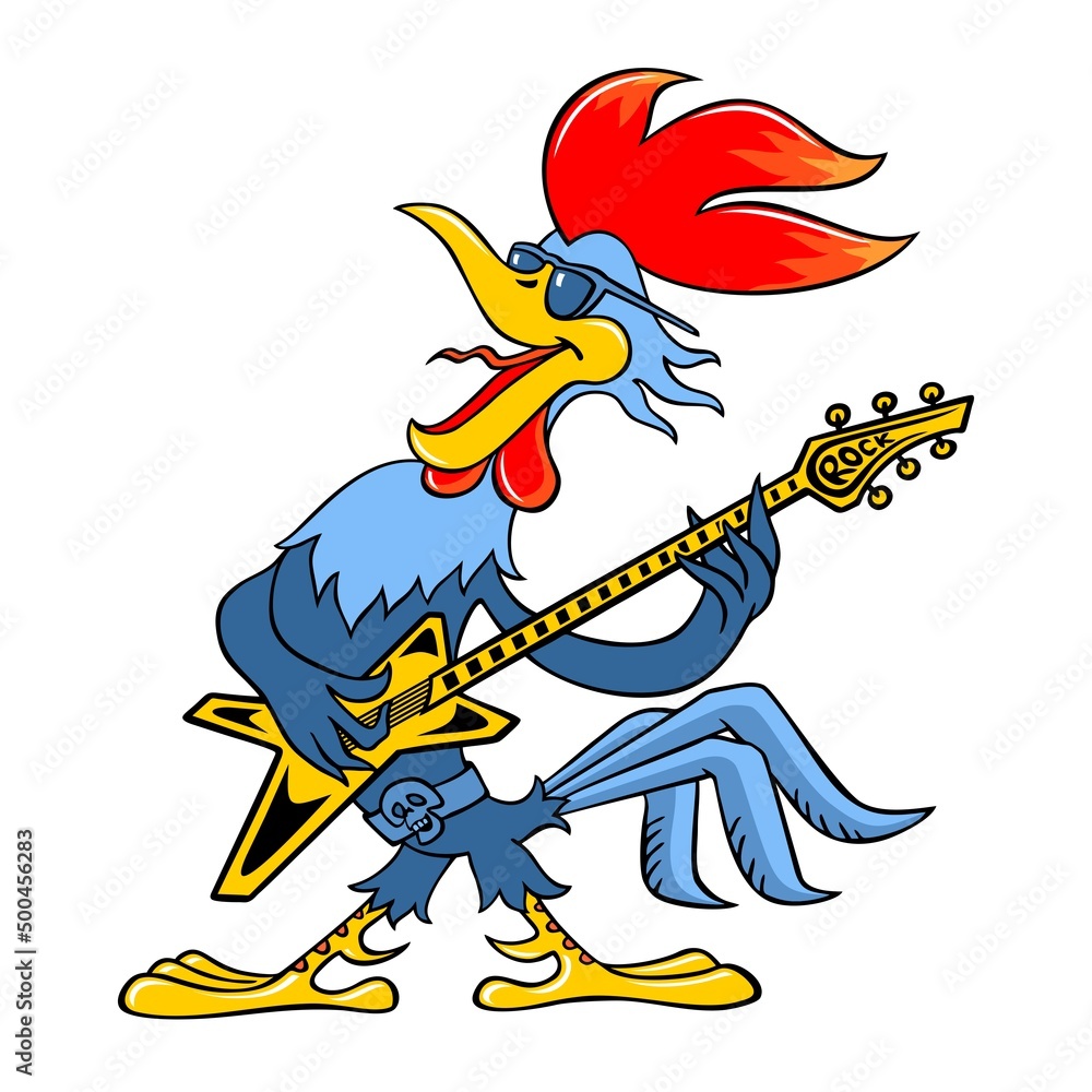 Cartoon rooster with a guitar isolated on white. Vector image of a ...