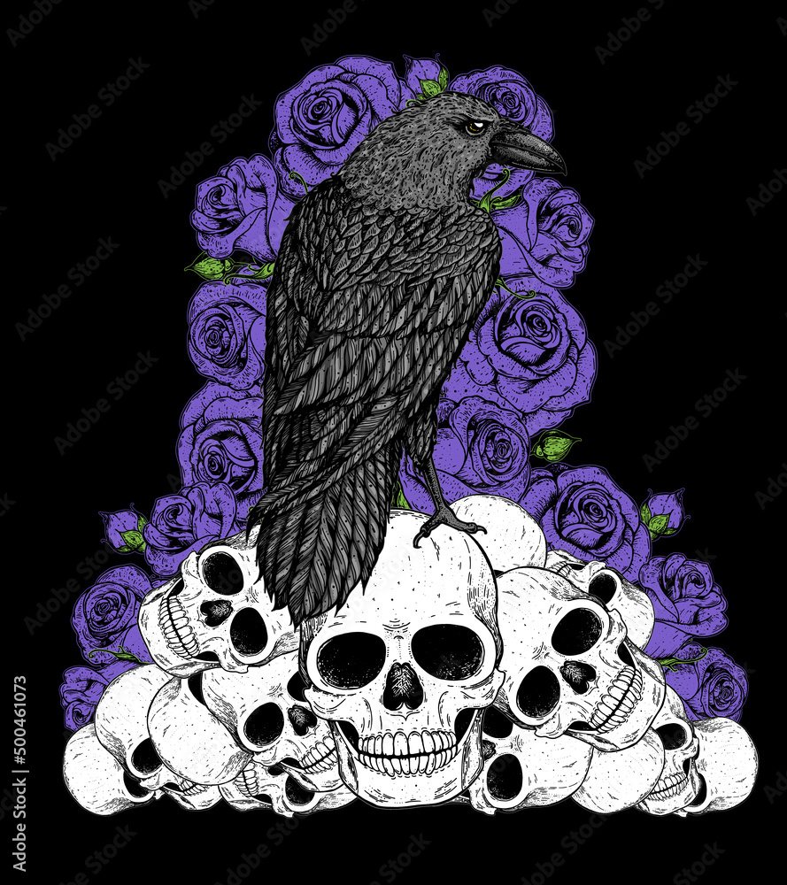 Black raven sits on the skulls. Skull, raven and roses hand drawn ...
