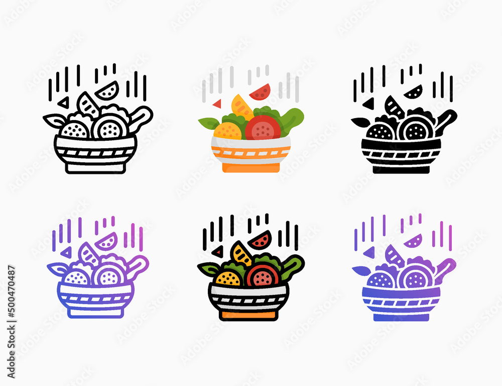 salad bowl icon set with different styles. Style line, outline, flat ...