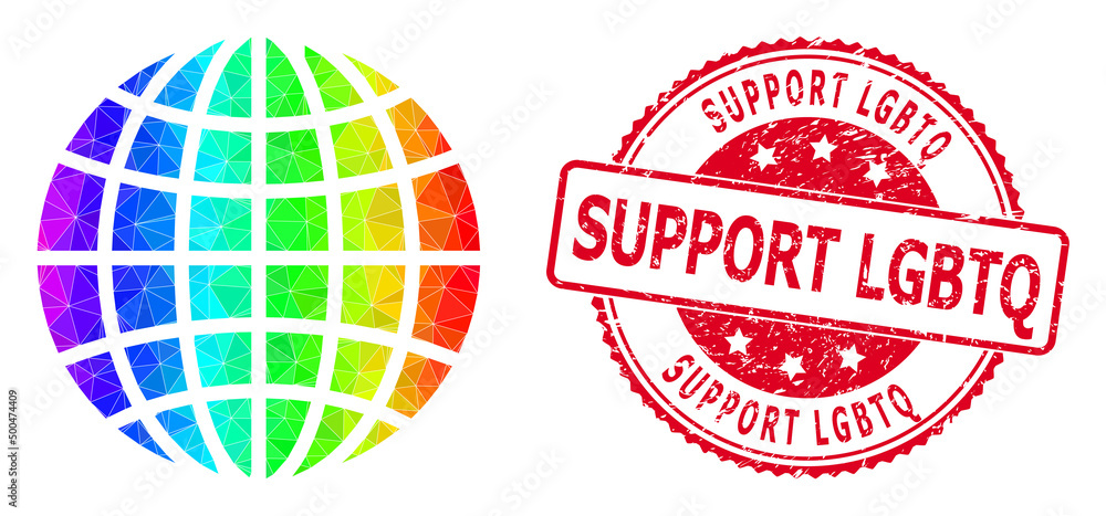 Red round rubber SUPPORT LGBTQ stamp seal and low-poly LGBT world icon ...