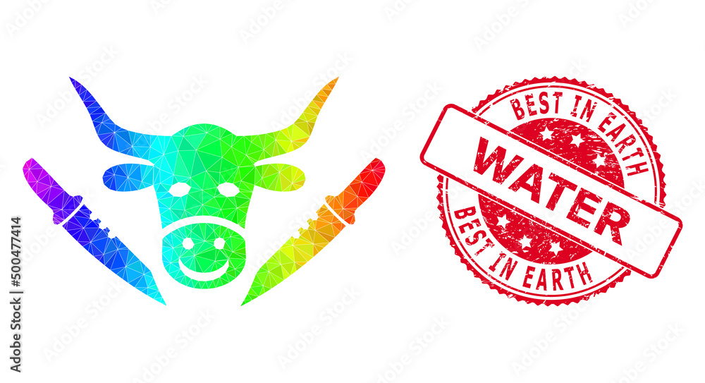 Red round unclean BEST IN EARTH WATER seal and lowpoly cow butchery ...