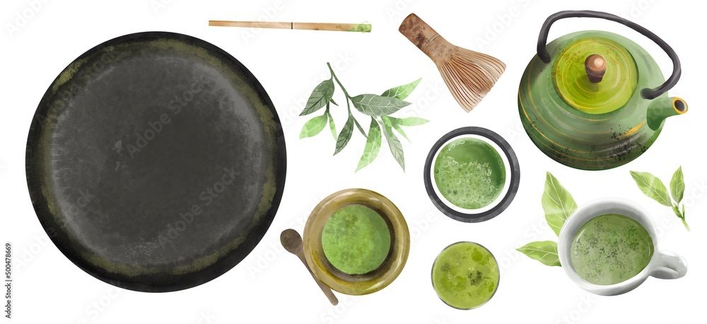 Matcha tea set traditional japanese drink. Hand Drown elements for your ...