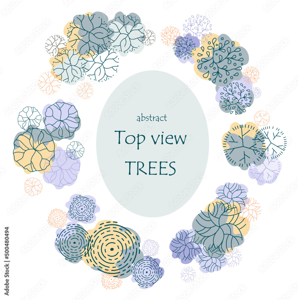 Set of trees. Entourage design. Various trees, bushes, and shrubs, top ...