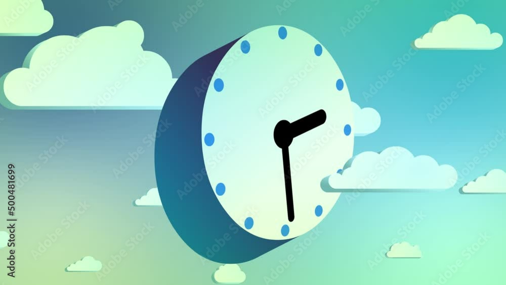 Cartoon clock 12 hours flying on sky moving clouds background ...