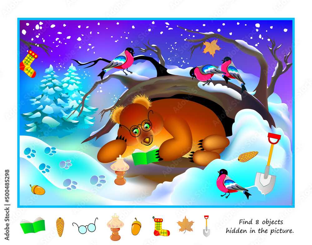 Logic puzzle game for kids. Find 8 objects hidden in the picture ...