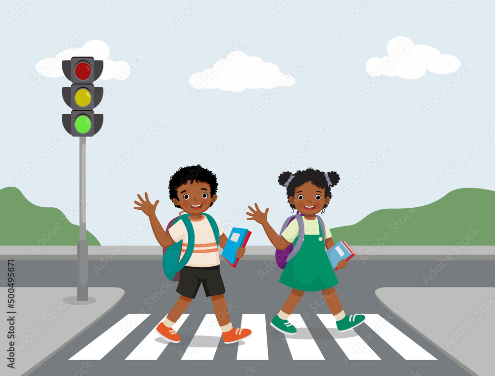 Cute African school kids with backpack waving hands walking crossing ...