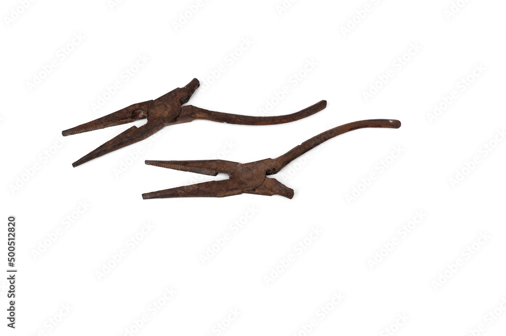 Broken hand tool isolated on white background, rusty old metal pliers ...