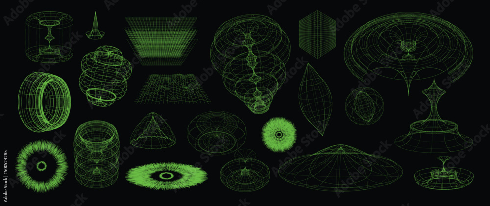 Collection of futuristic cyberpunk style elements. Geometric wireframe of circle, earth ...