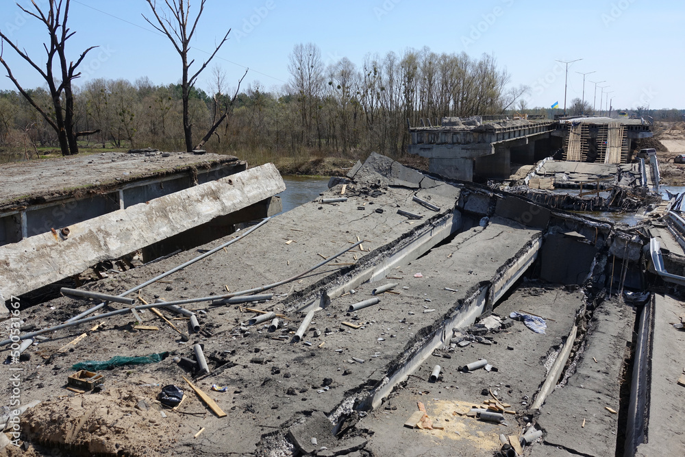 Damaged bridge. The civilian object is broken. The war in Ukraine ...