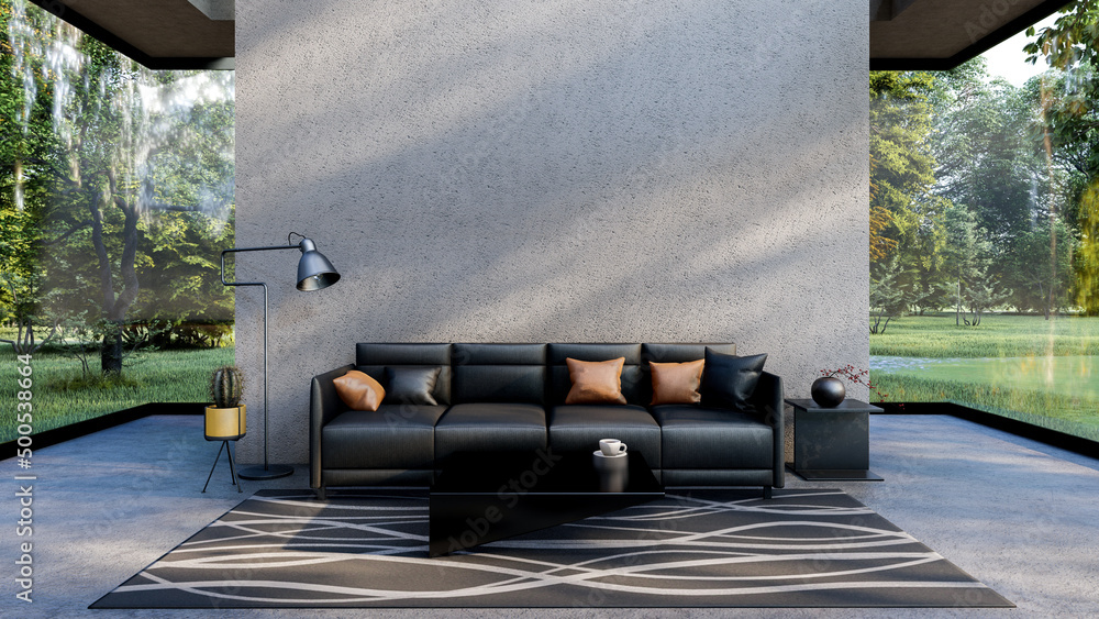 Living room interior in modern loft cement room with empty cement wall ...