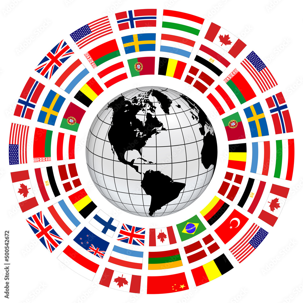 Business background, ring of flags around earth, 3D symbol with ...