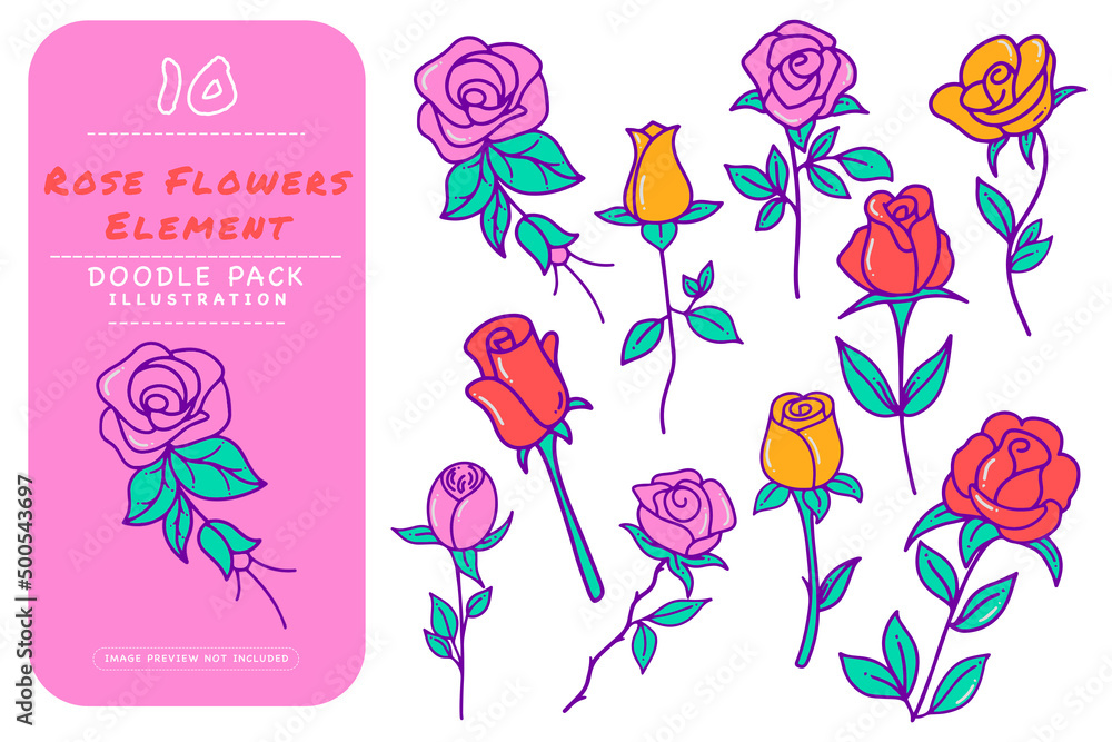 Rose Flowers Doodle Illustration Pack Stock Vector | Adobe Stock