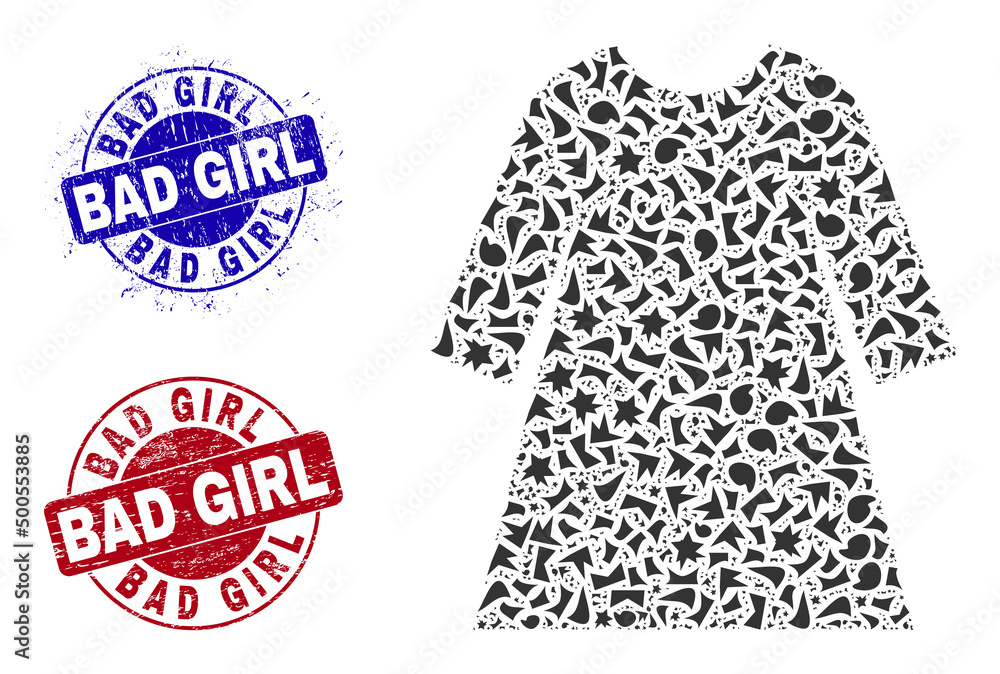 Round BAD GIRL textured stamps with tag inside round forms, and shatter ...