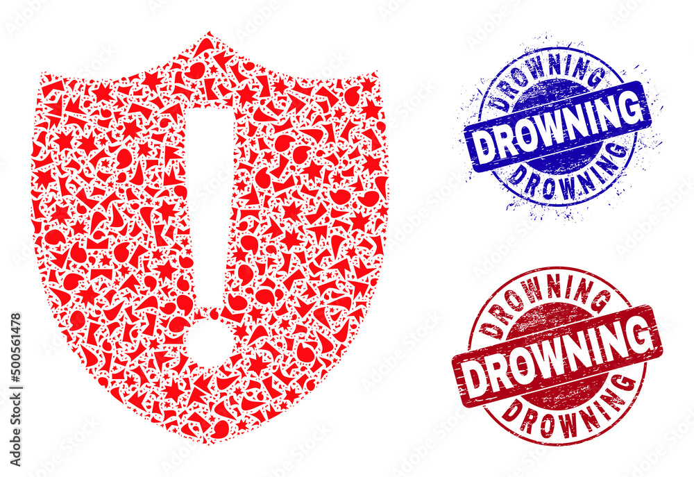 Round DROWNING unclean stamp prints with tag inside round shapes, and ...