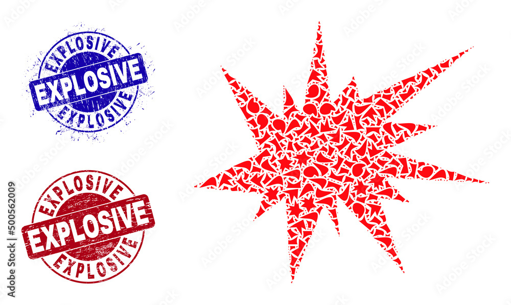 Round EXPLOSIVE rough stamp seals with word inside round shapes, and ...