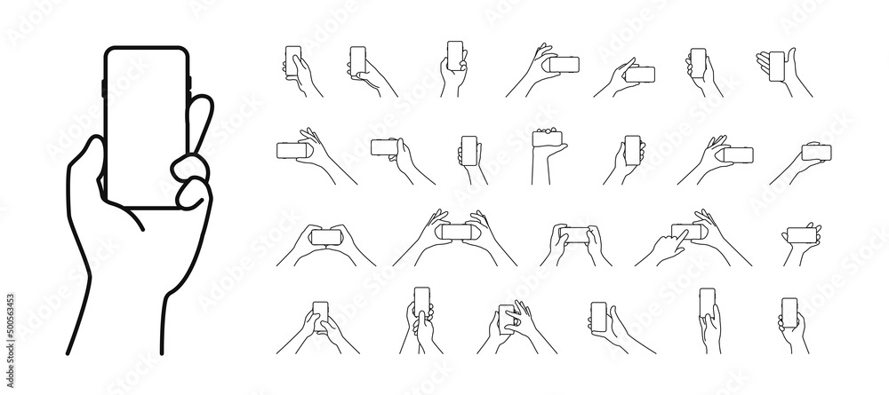 Hand holding mobile phone horizontally and vertically with blank screen ...