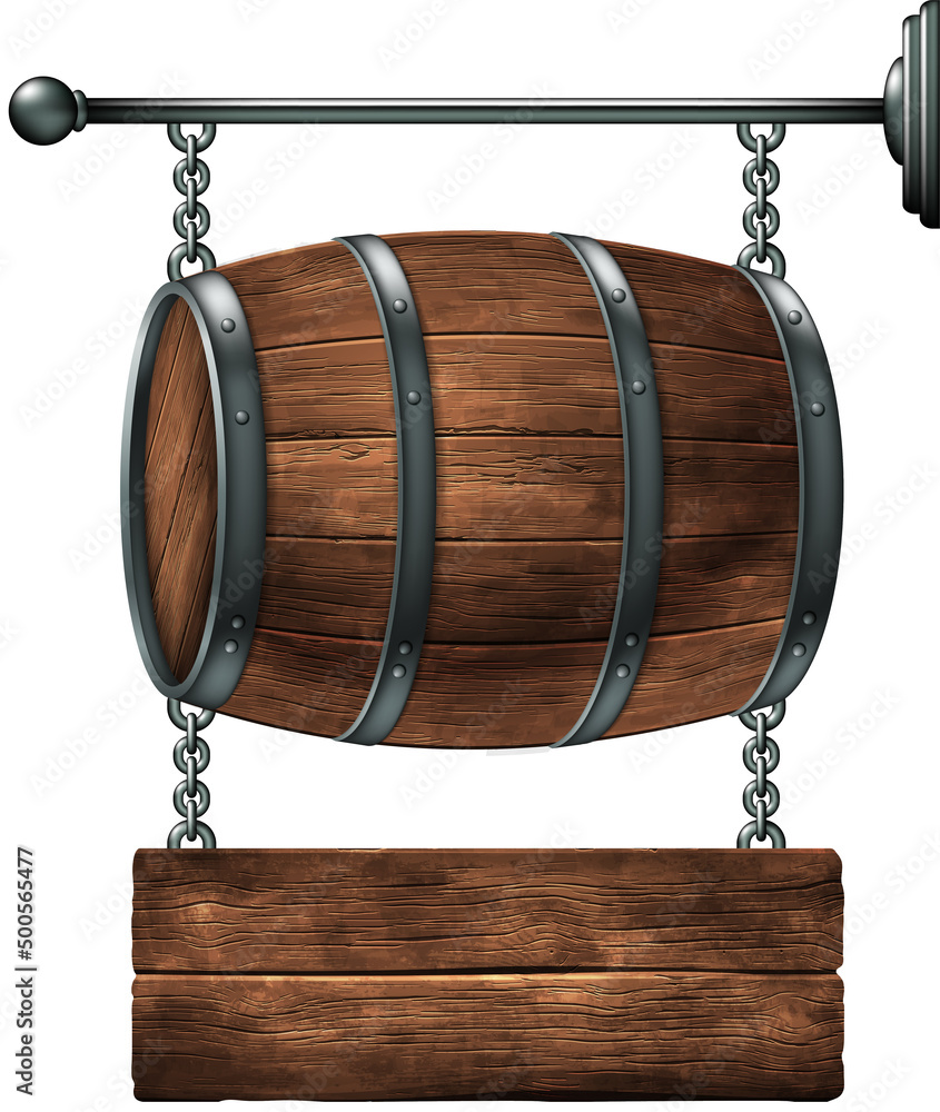 Sign design for a pub or wine bar in the form of a barrel on chains ...