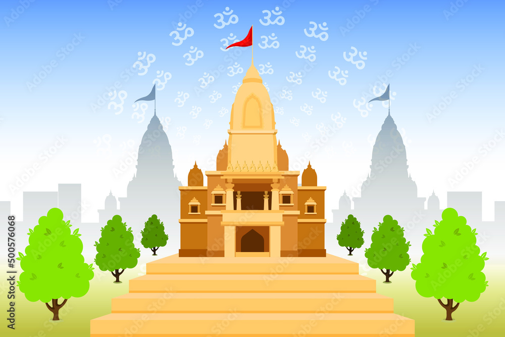 Traditional Hindu Temple with red flag isolated. North Indian style ...