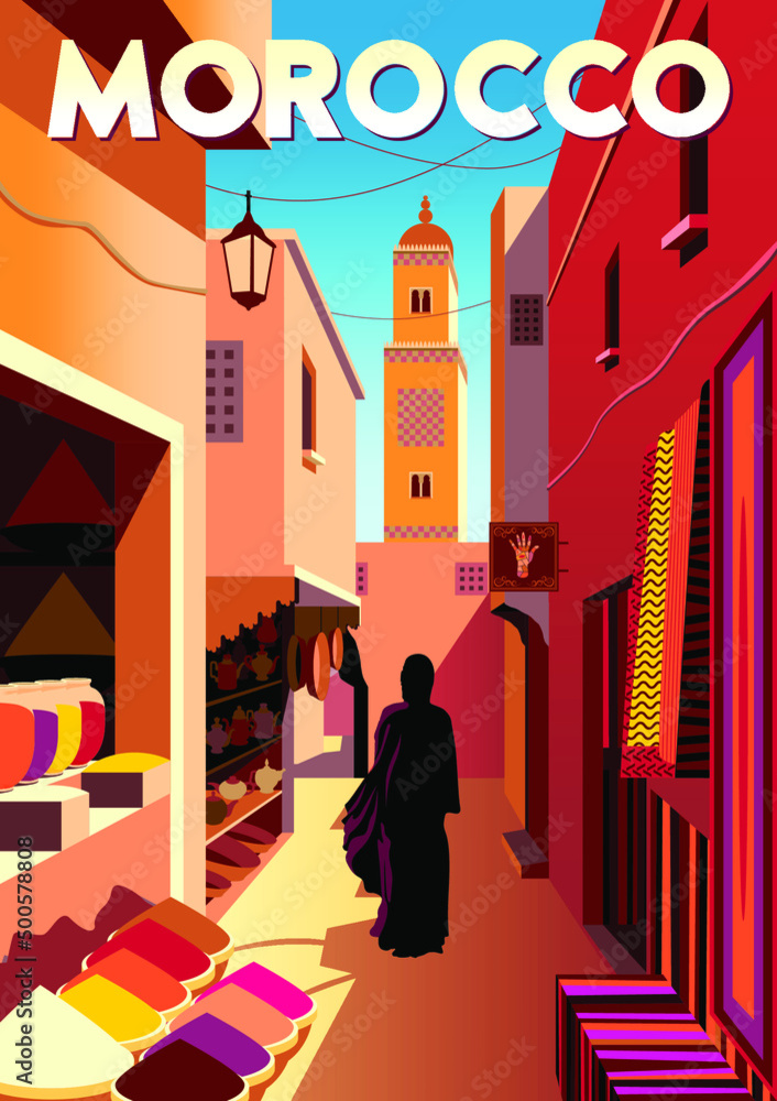 Old town street market in Morocco with traditional houses and mosque in ...