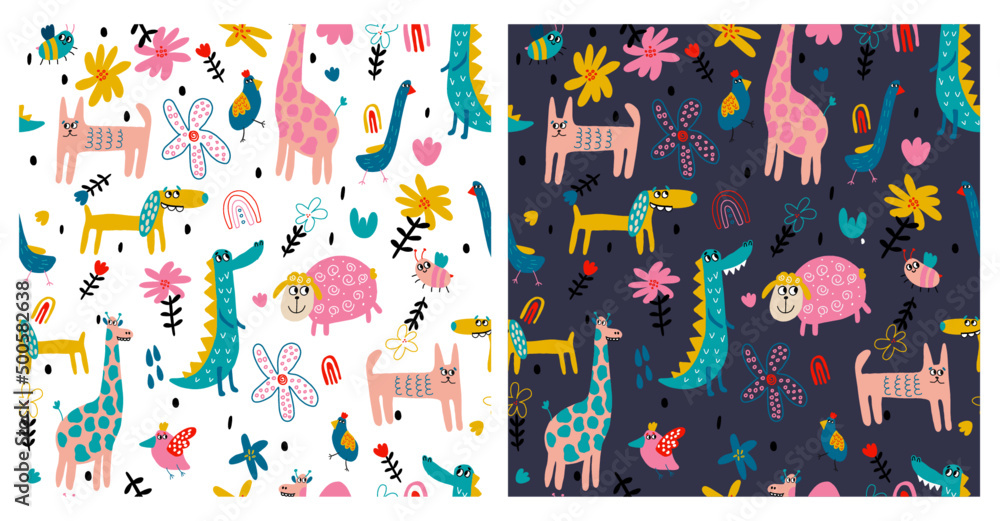 Seamless vector cute colorful pattern with animals. Kids drawing with ...