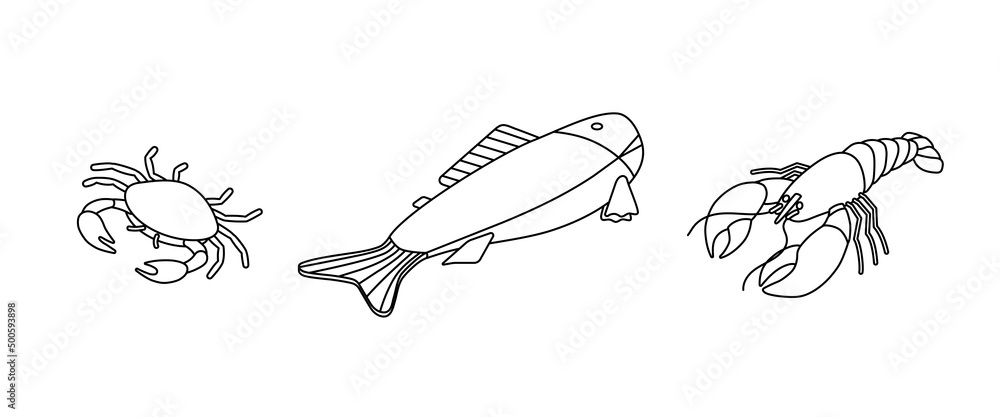 Food set - fish, seafood, salmon, tuna, cod, lobster. Isometric vector ...