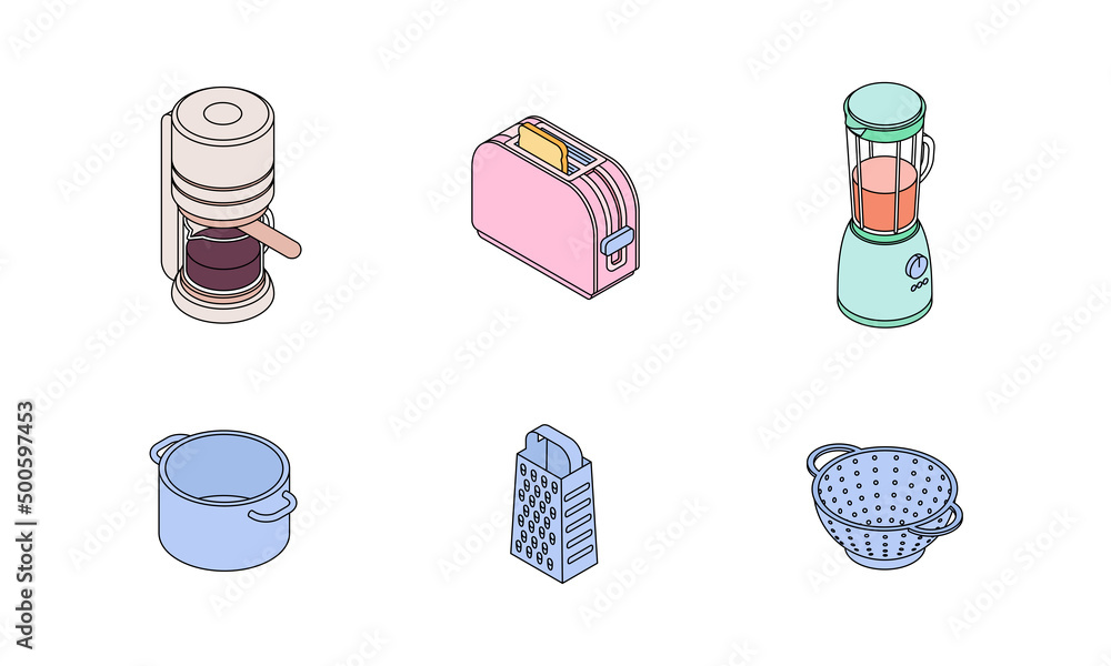Kitchen utensils, tools set, household appliances. Isometric vector ...