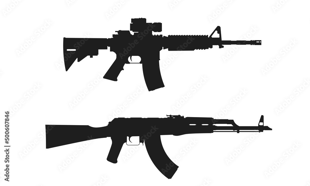 m4 carbine and kalashnikov assault rifle. weapon and army symbol ...