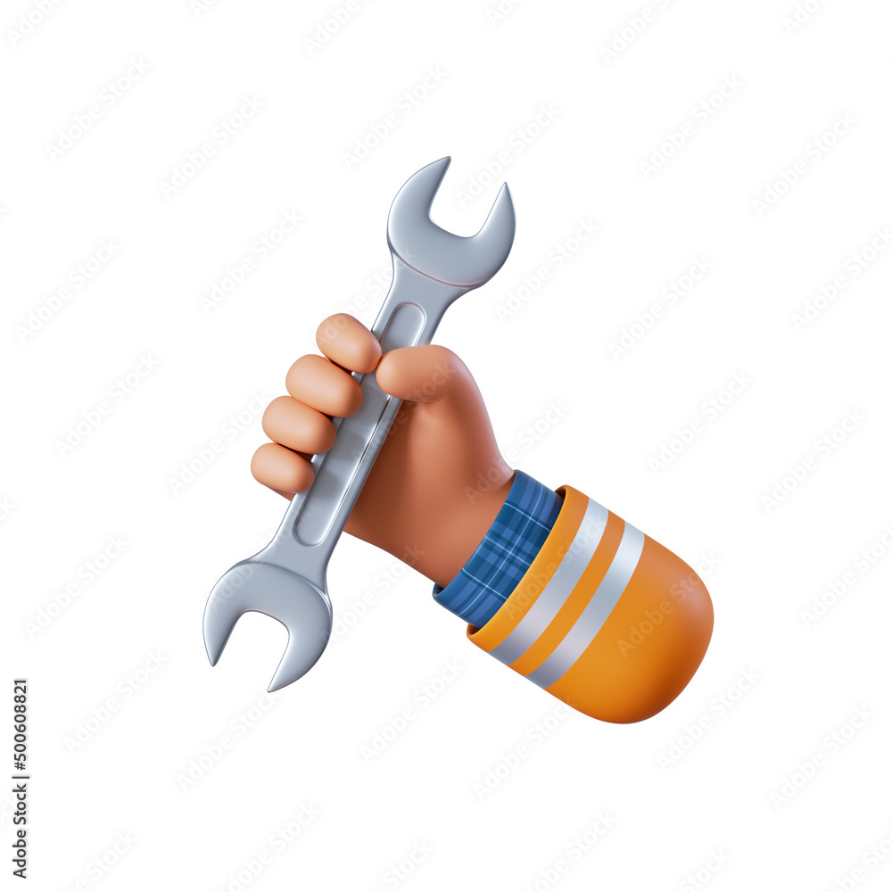 3d render, cartoon human hand holds spanner wrench. Professional ...