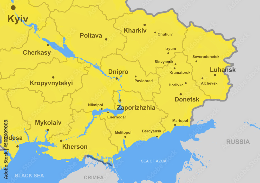 Map of Southeast of Ukraine with Donbas region and Sea of Azov Stock ...