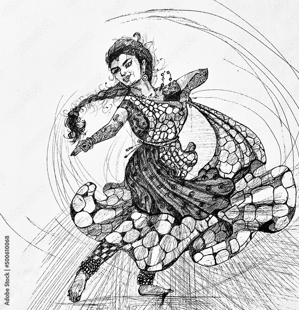 Indian Girl Enjoying Traditional Dance. (Sketch) Stock Illustration ...
