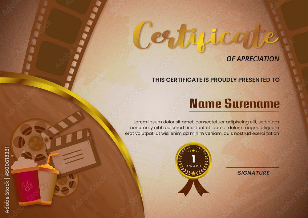 Certificate Movie Cinema with Cute Element and Goldent Style Template ...