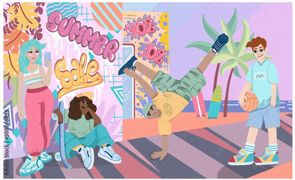 Vector illustration with teenagers characters having fun in the street ...