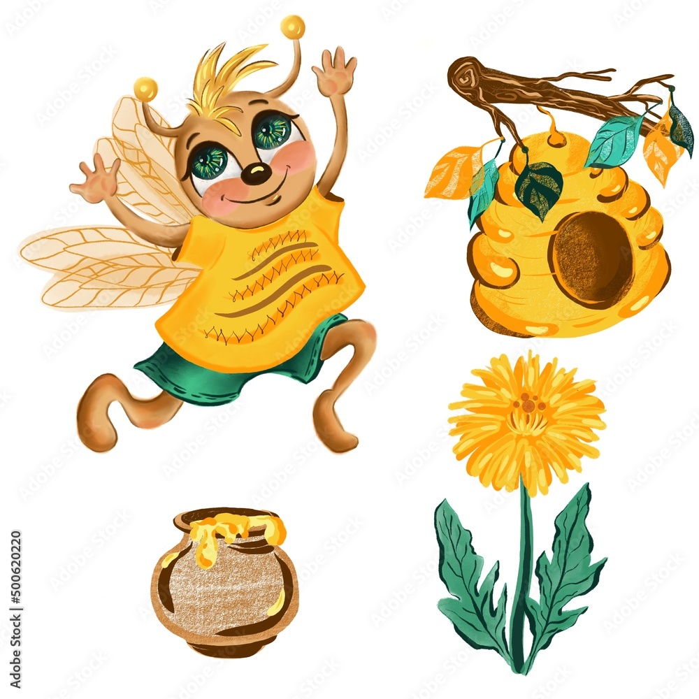bee; cartoon; character; digital art; hand-drawn; cute; smile; kid ...
