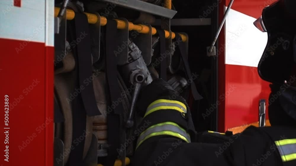 Rescue Team of Firefighters Arrive at the Crash, Catastrophe, Fire Site ...