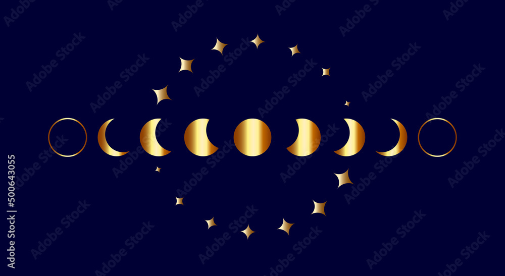 Moon Phases gold border frame, wicca banner sign. Triple moon pagan ...