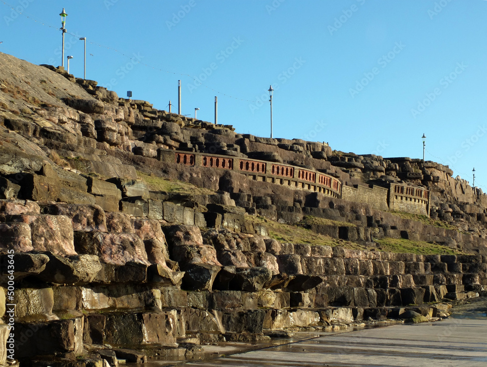 the cliffs area of blackpool with artificially sculpted rocks and ...