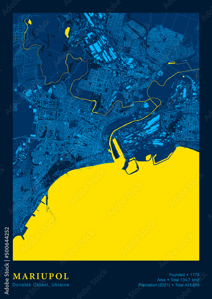 City Mariupol Ukraine Vector Poster Highly Detailed Map In Patriotic ...