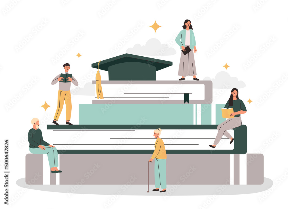 Lifelong learning concept. People at different ages next to stack of ...