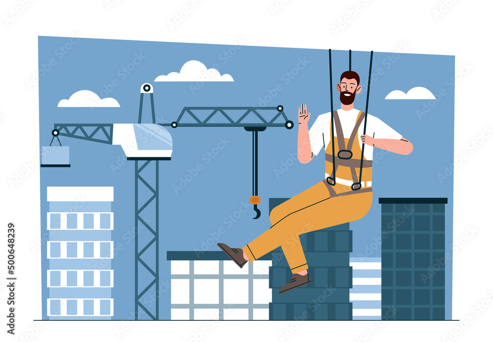 Industrial climbers concept. Man on ropes repairs houses, builder and ...