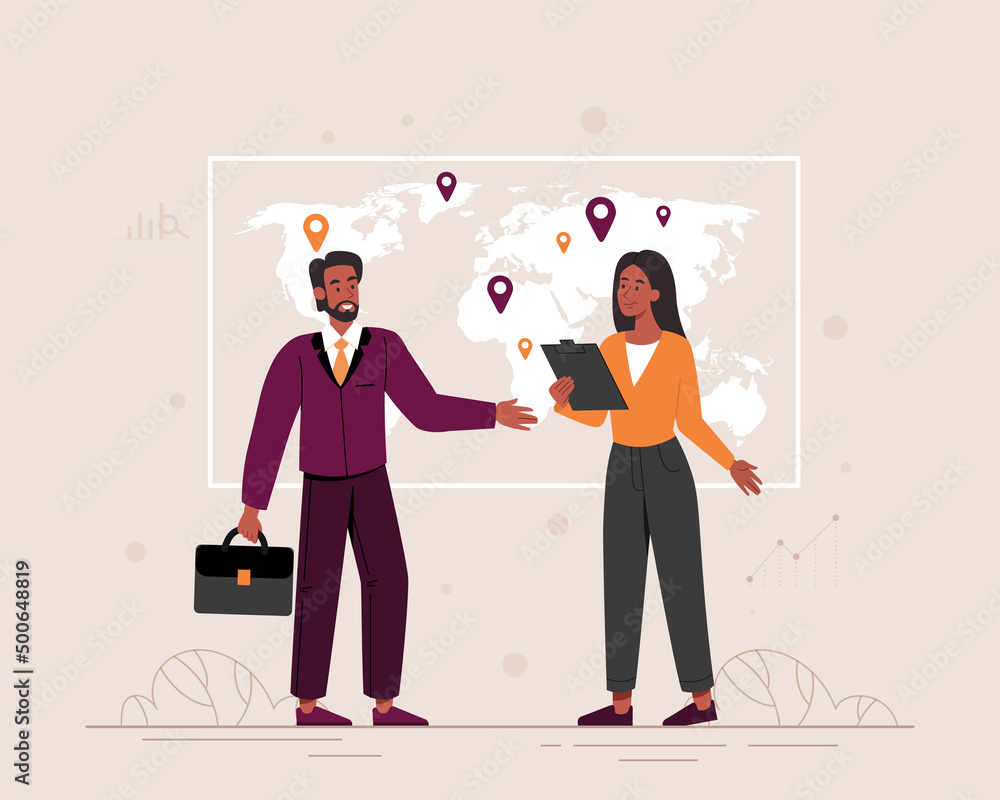 Global business concept. Man and woman conclude deal, delivery of goods ...