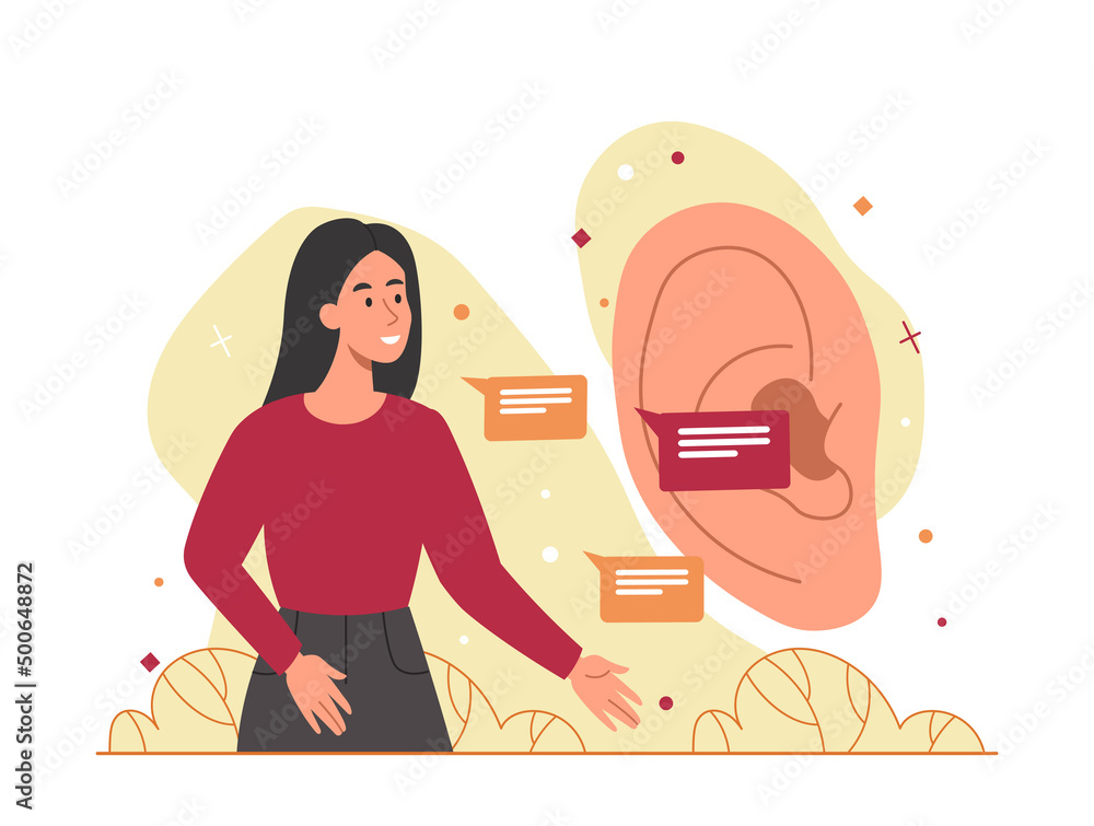 Listening skill concept. Young girl next to big ear, medical posters ...